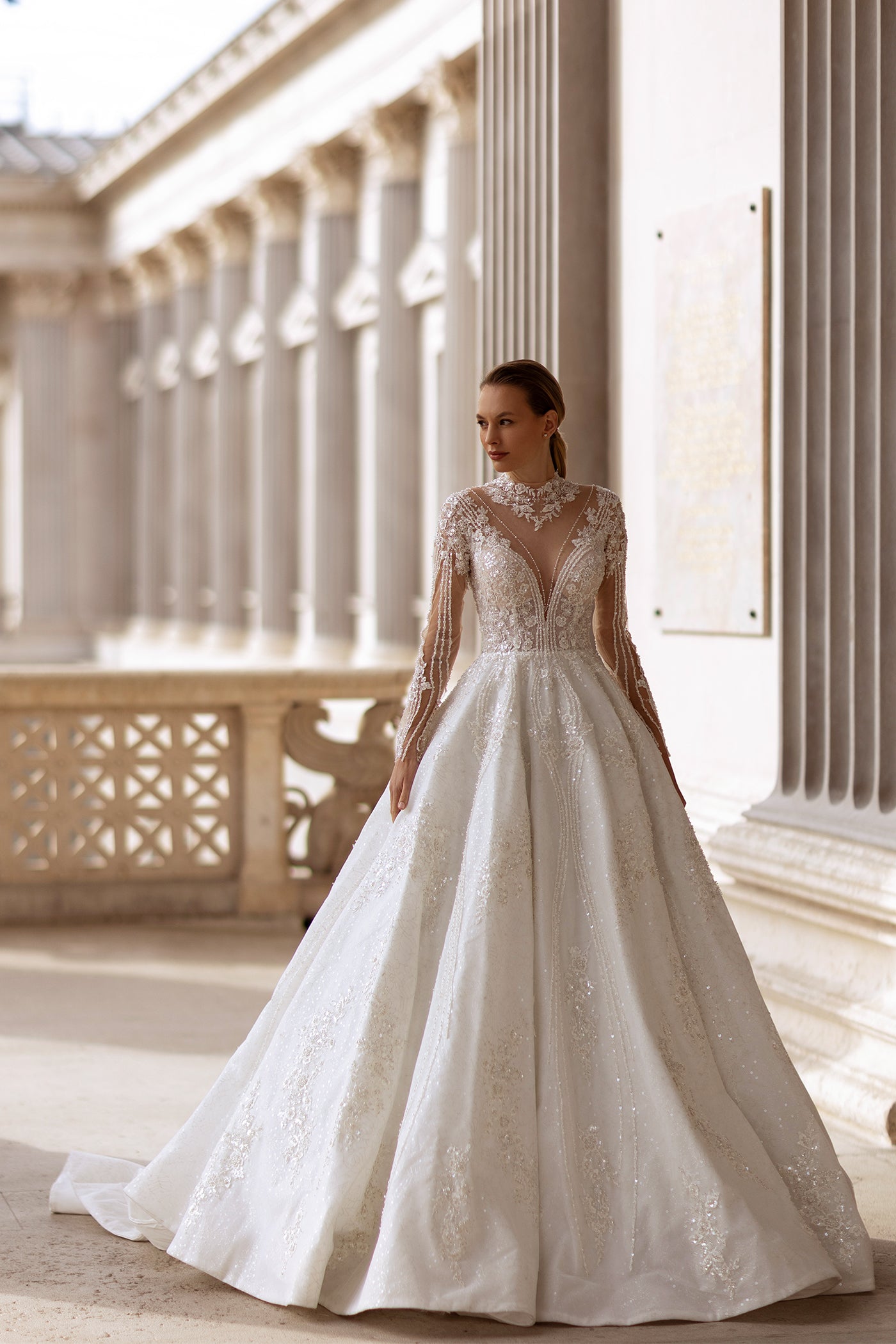 Enchanting A-Line Wedding Dress with Floral Lace Sleeves and Rhinestone ...