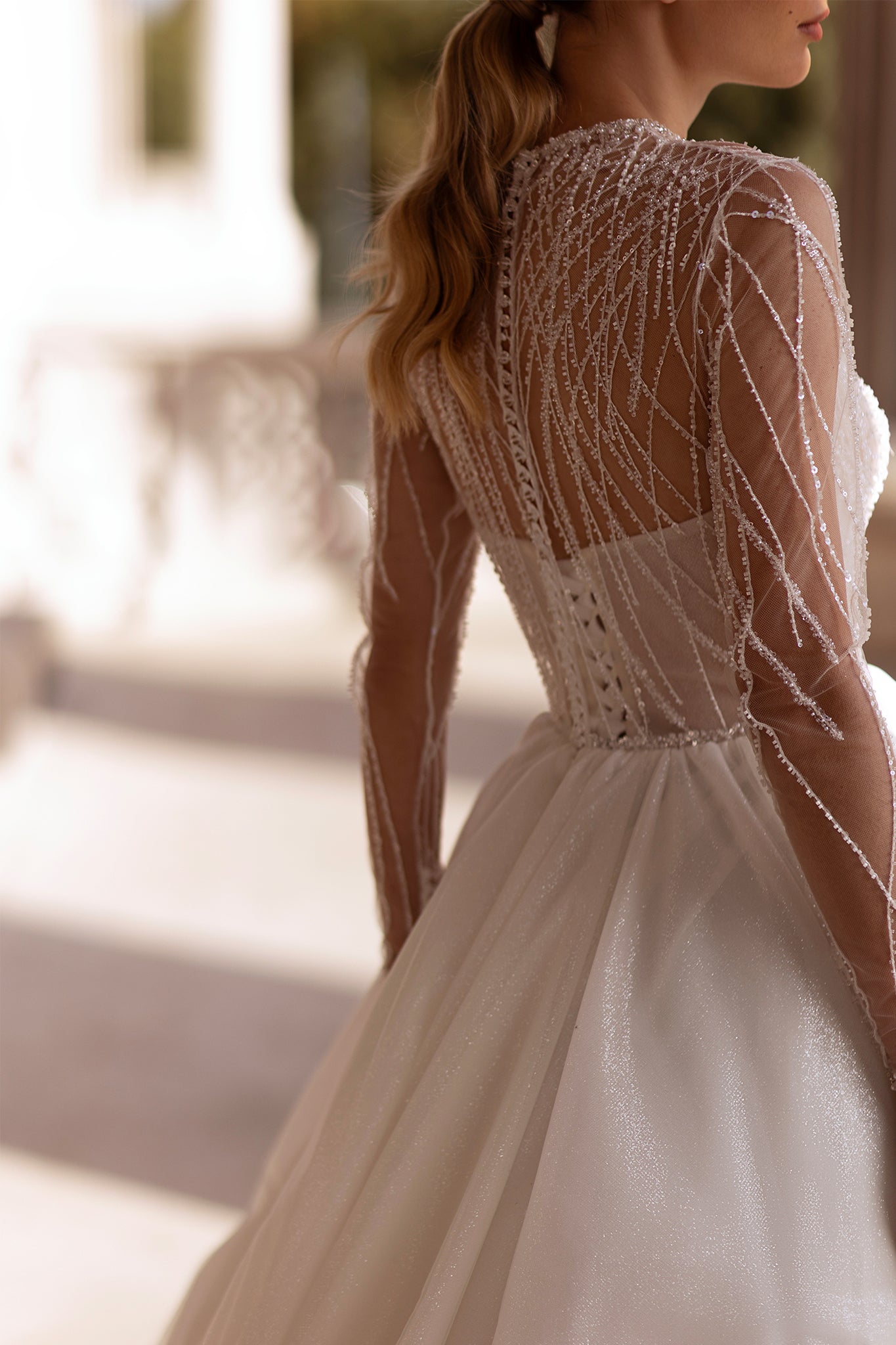 Classic Ballgown Wedding Dress with Sequin and Crystal Adorned Sleeves | Marelli Exclusive