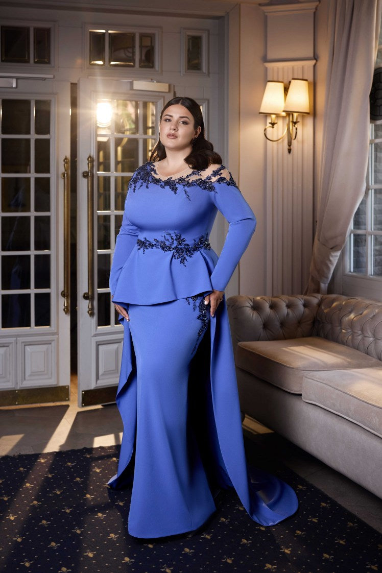 Long-Sleeved Godet Evening Dress with Hand-Embroidered Details| Marelli ...