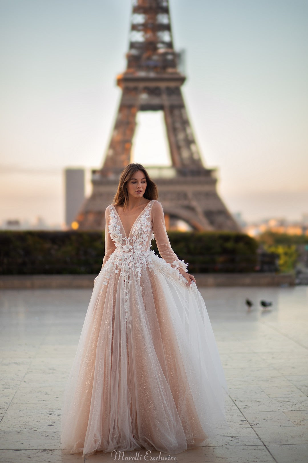 Romantic A-Line Dress with Delicate Lace Appliques and Open V-Line Back ...