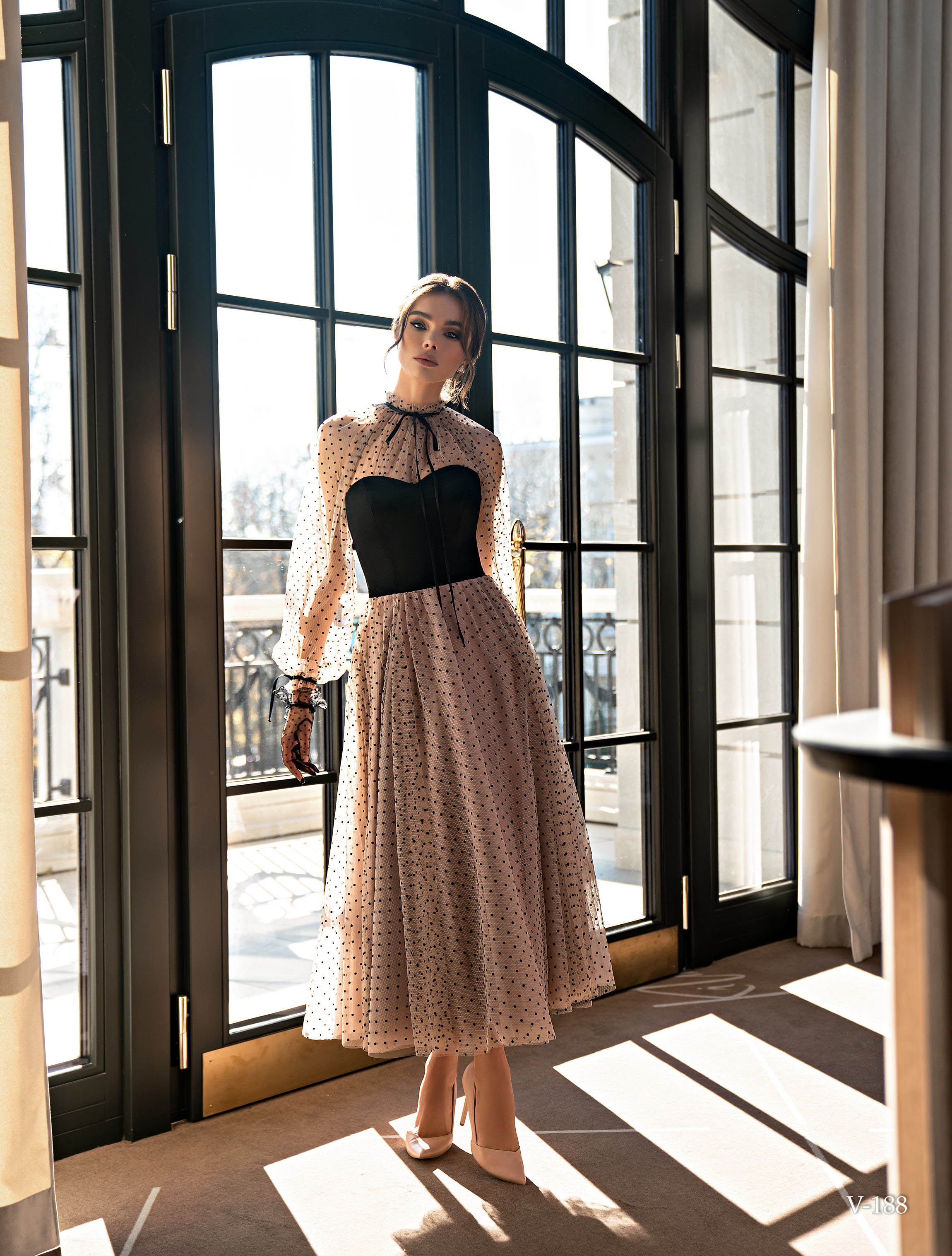 Polka Dot Tea-Length Dress with Transparent Sleeves and Sweetheart ...